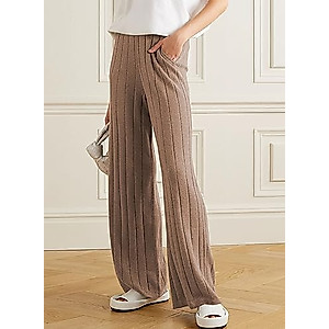 Acelitt Women Casual Ribbed Knit Pants Elastic High Waisted Trendy Fall Comfy 2023 Loose Solid Wide Leg Flowy Soft Palazzo Sweater Pants Trousers Brown XL
