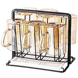 YISMAN Metal Cup Drying Rack with 6 Hooks, Bottle Drying Rack with Drain Tray,Coffee Mug Holder,Mug Organizer Black