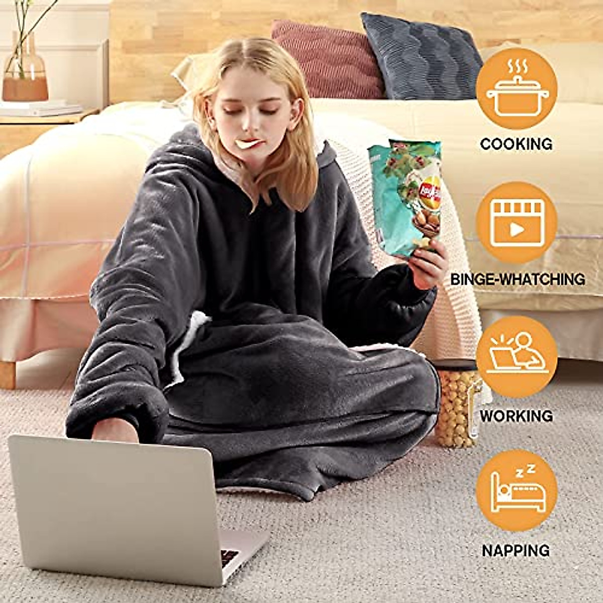 yescool Oversized Wearable Blanket Hoodie, Flannel Sherpa Fleece Blanket Sweatshirt for Adults Women Men, Big Plush Cozy Hooded Blanket with Hood, Pocket & Sleeves, One Size Fits All (Grey)