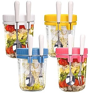 Overnight Oatmeal jars，4 piece set Overnight Oats Containers，with Lids and Pickle Fork ，spoon。16 oz Glass Mason Overnight Oats Jars ，Suitable for Cereal,oats, milk, cereal，fruit