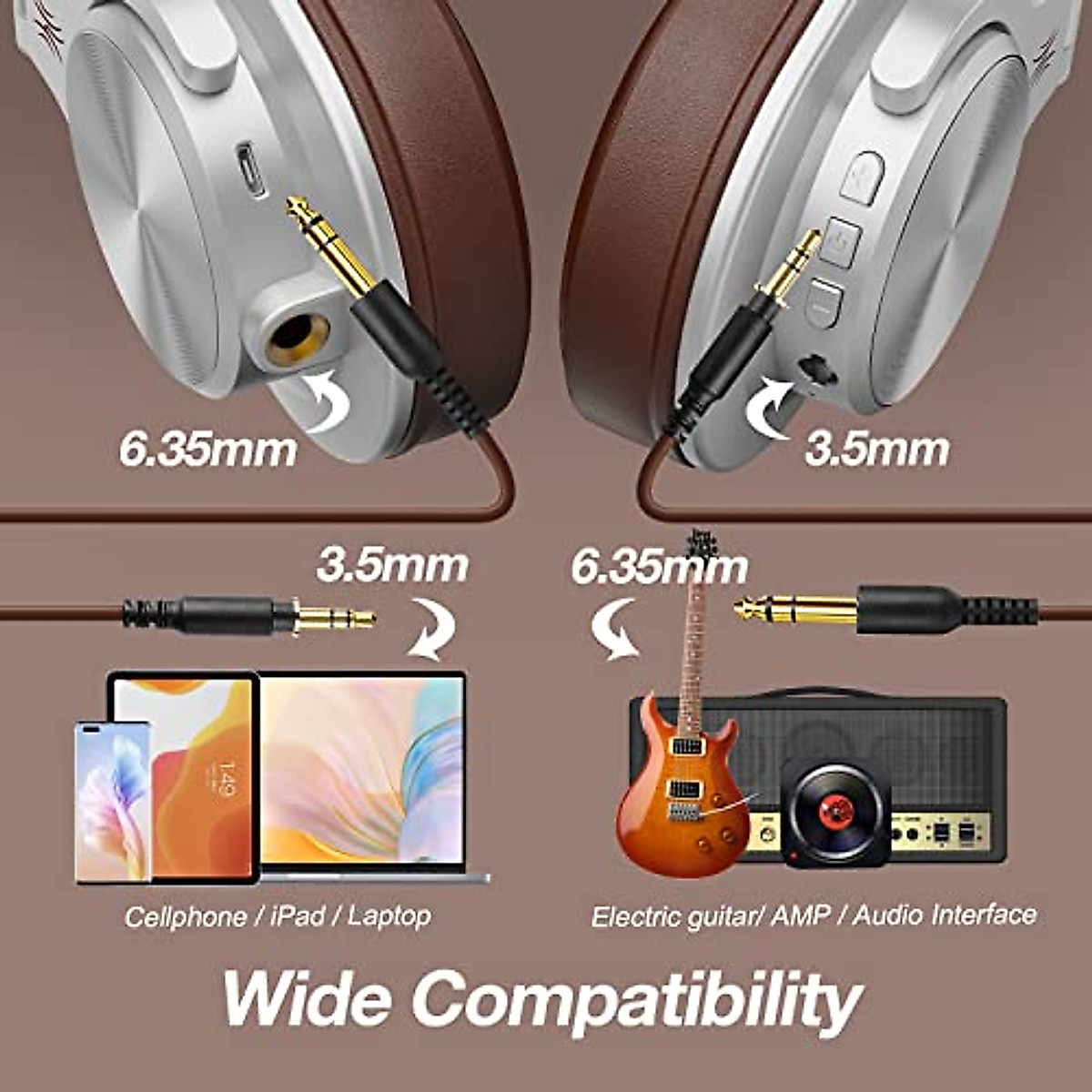 OneOdio A70 Bluetooth Over Ear Headphones, Wireless Headphones w/ 72H Playtime, Hi-Res, 3.5mm/6.35mm Wired Audio Jack for Studio Monitor & Mixing DJ E-Guitar AMP, Computer Laptop PC Tablet - Silver