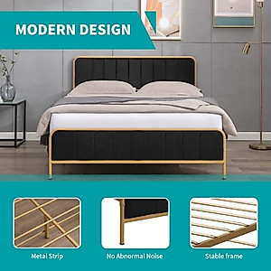BALUS Cal King Size Bed Frame, Metal Platform Bed Frame with Tufted Headboard, Velvet Upholstered Platform Bed Frame with Gold Trim, Easy Assembly, No Box Spring Needed and Slip Noise Free Black
