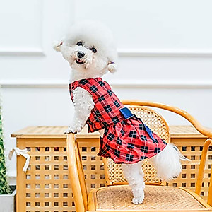 Elegant Bowtie Plaid Dog Dress Cute Checked Puppy Skirt Pet Outfit Clothes for Small Medium Cats Dogs(Red S)