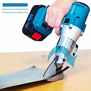 Cordless Metal Shear Electric Metal Shears Sheet Metal Cutter with Swivel Head for Curve/Straight/Round Cuttings Over Sheets Iron, Aluminum, Steel and Carpet, Leather, Cardboard 2Pcs 3.0Ah Battery