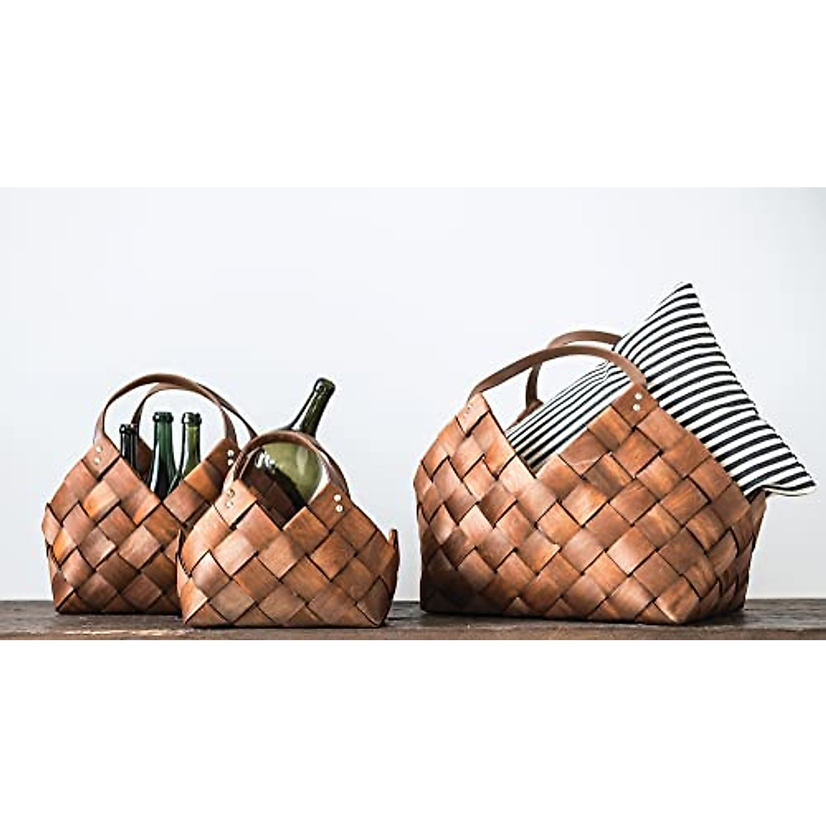 Creative Co-Op Brown Woven Seagrass Baskets with Leather Handles (Set of 3 Sizes) Wicker Non-Food Storage