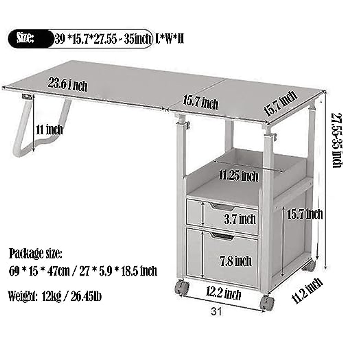 GFertre 2 in 1 Overbed Table with Wheels, Bedroom Side Table, Foldable Bedside Table with Drawer, Height Adjustable Over Bed Desk Laptop Mobile Computer Desk Workstation with Wheels Nightstand (White)