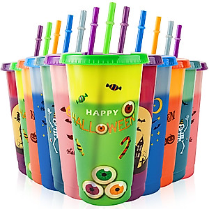 Halloween Color Changing Cups with Lids and Straws,12 Pack 24 oz Halloween Cups for Halloween Party Decorations,Reusable Plastic Cups with Lids and Straws for Adults Kid,Halloween Party Supplies