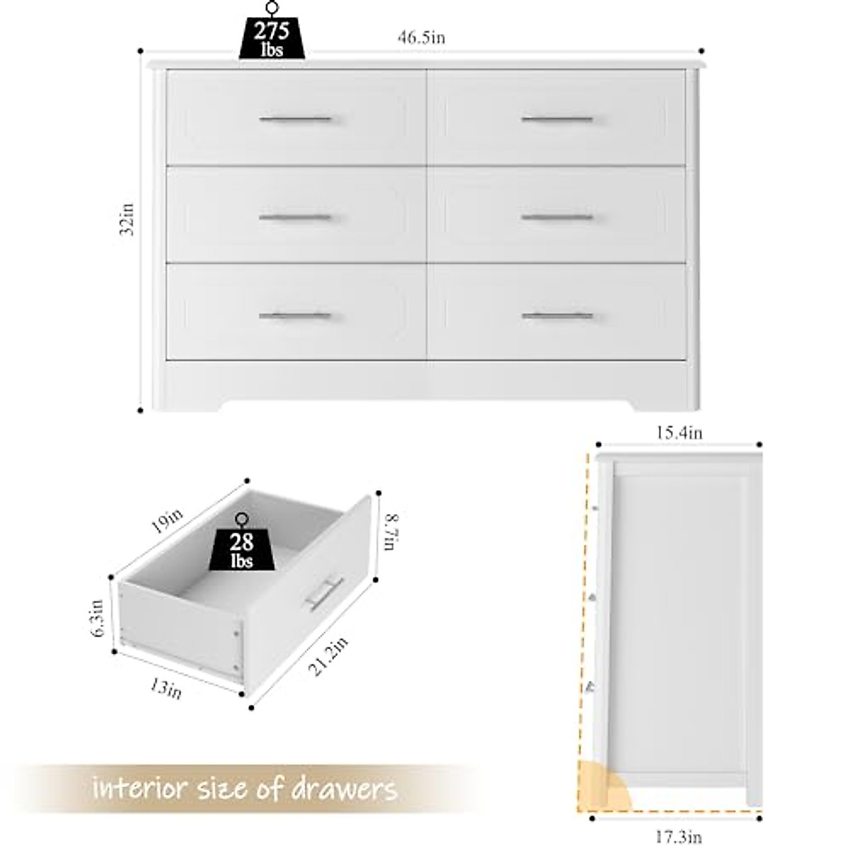 HOSATCK 6 Drawer Dresser, Modern White Double Dresser, Wide Chest of Drawers with Metal Handels, Accent Wood Storage Dresser Chest Organizers for Living Room, Hallway, Entryway (Trapezoid/White)