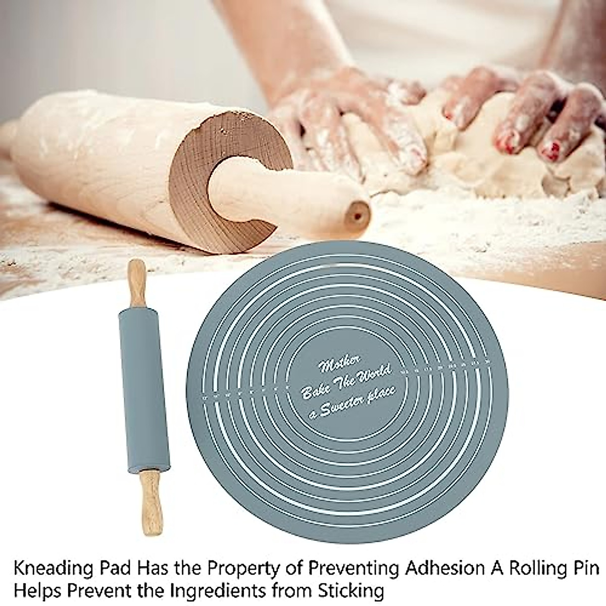 Non Stick Rolling Pin and Silicone Baking Mat, Round Non Stick Pastry Mat, Non stick Silicone Dough Rollers Set with Measurements Kneading Pastry Mat,Rolling Pin Pastry Baking Mat,Baking Tool(Grey)