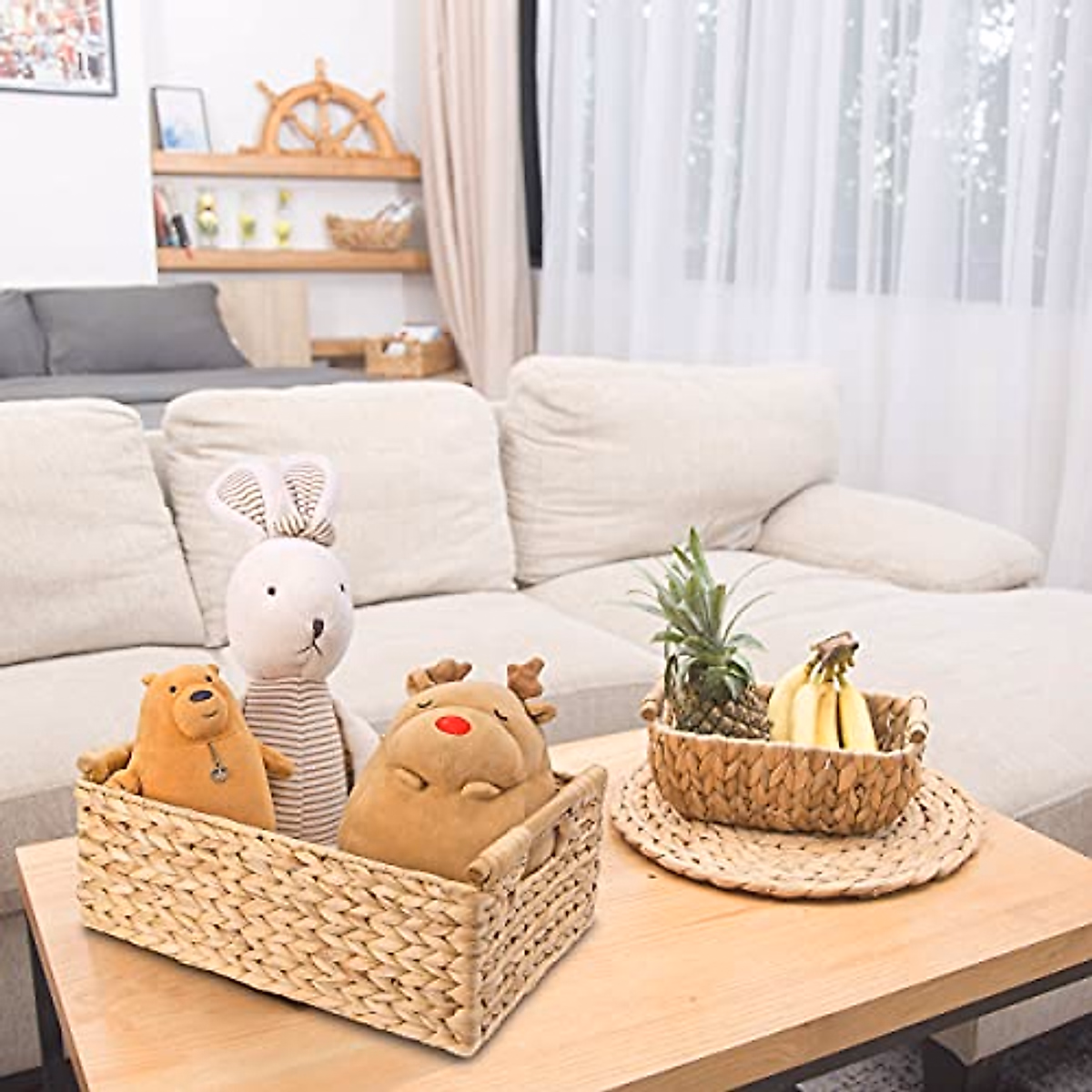 Water Hyacinth Wicker Basket Rectangular with Wooden Handles for Shelves