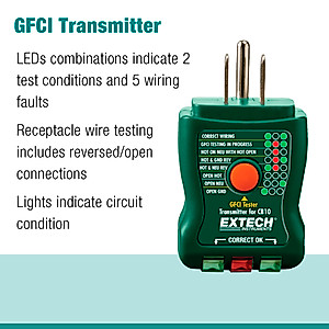 Extech - 1218G94EA - CB10 Circuit Breaker Finder, Locates fuses/breakers, Tests receptacles and GFCI circuits, Green,Red