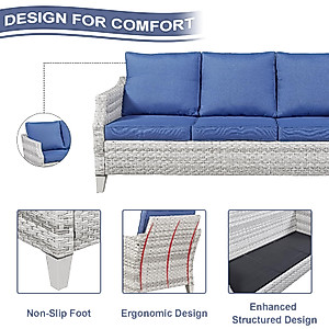 HUMMUH Outdoor Wicker Chairs Patio Dining Chairs Set of 2 PE Wicker Patio Chairs with High Back and Deep Seat, 4 inch Seat Cushions for Garden Porch Backyard (Mixed Grey/Blue)