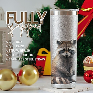 Onebttl Raccoon Gifts for Women, Insulated 20 oz Stainless Steel Skinny Tumbler with Straw, Brush, Lid, and Gifts Box, Glitter Silver