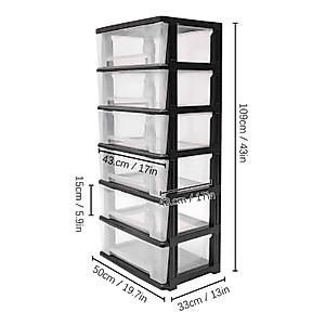 LINISHOP 6-Tier Rolling Storage Cart Rectangle Rolling Storage Cabinet Organizer Books Documents Storage Foldable Drawer Shelves Unit Rack with 4 Wheels for Home Office PP 19.7*13*43in (Black+Clear)