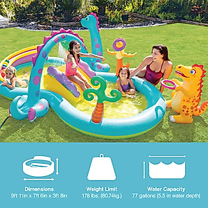 Intex Dinoland Play Center Kiddie Inflatable Pool and Dinosaur Water Splash Swimming Pool with Water Sprayers, Waterfalls, Slides, and Games
