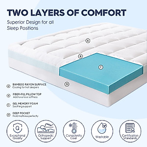 Twin XL Dual Layer Memory Foam Mattress Topper,2 Inch Gel Memory Foam and 1 Inch Cooling Pillow Top Mattress Pad Cover for Back Pain, Medium Support