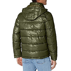 GUESS Men's Mid-Weight Puffer Jacket with Removable Hood, Army Green, Large