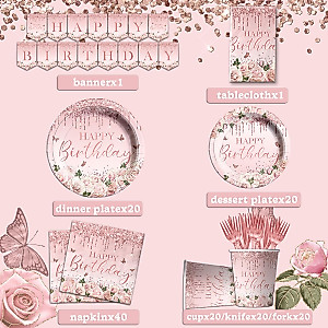 142Pcs Pink Rose Gold Birthday Party Supplies - Pink Birthday Party Tableware Disposable Dinner Plate,Tablecloth Rose Gold Theme Birthday Party Decoration for 50th 60th 70th 80th Women or Girls
