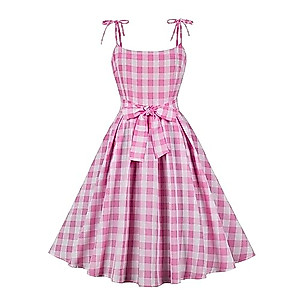 UNSERE Womens 2023 Trend Pink Princess Dresses Fashion Elegant Retro Halter Adult Cosplay Costume Formal Cocktail Prom Swing Dress 50s Vintage Sleeveless Polka Dot Movie Cosplay(Pink-f,X-Large)