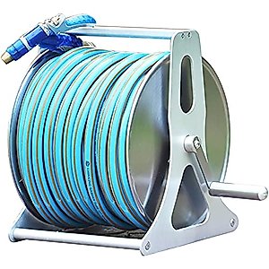 ZYCSKTL Garden Hose Reel Cart Small,Wall-Mounted Stainless Steel Water Pipe Storage Rack, Portable Hosemobile Reel Cart, Garden Car Wash Essentials (Color : Silver, Size : +DN15 25m Blue Pipe)