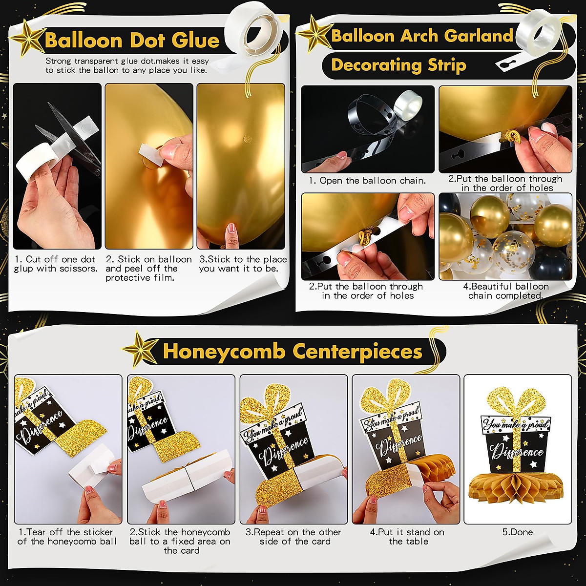 Foilswirl Employee Appreciation Decorations We Appreciate You Banner Triangle Flag Banner Heart Banner 3D Tables Honeycomb Centerpieces Balloons for Farewell Retirement Going Away Party (Black, Gold)