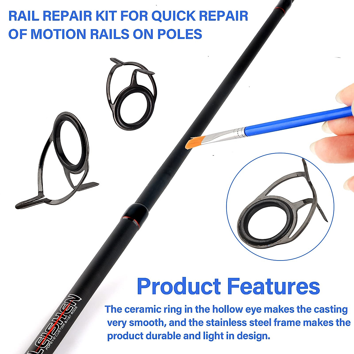 Fishing Rod Repair Kit 16pcs 8 Sizes Spinning Casting Rod Guides Eyelet Set 2pcs Brush 2pcs Wrapping Thread Ceramic Guides Rings Replacement Parts Repair for Baitcasting Sea Rods