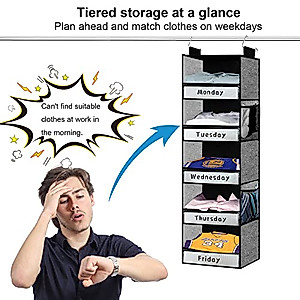 homyfort Hanging Closet Organizer, Weekly Clothes Storage Organizer for Kids, 5 Shelf with Side Pockets for Shoes,Nursery,Baby Clothing,Hat,Shirt,Dorm (Black)