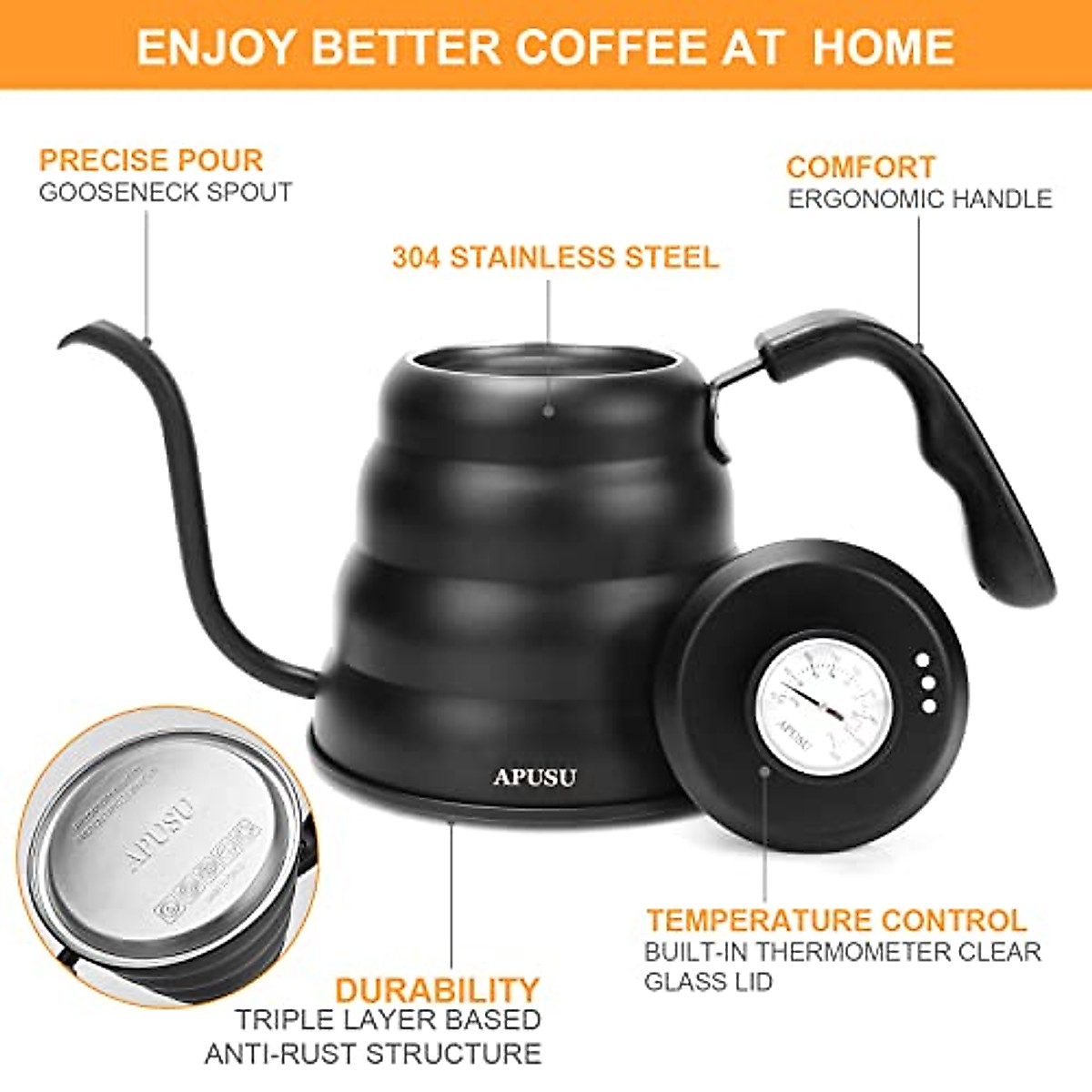 Pour Over Coffee Kettle - Black Gooseneck Kettle with Thermometer - Premium Stainless Steel Coffee Maker Tea Pot, Update Triple Layered Base for all Stovetops, 40 floz/1200ml