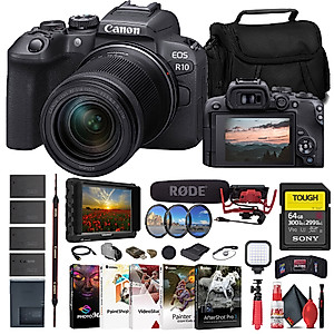 Canon EOS R10 Mirrorless Camera with 18-150mm Lens (5331C016) + 4K Monitor + Rode VideoMic + Sony 64GB TOUGH SD Card + Filter Kit + Wide Angle Lens + Telephoto Lens + Color Filter Kit + More (Renewed)