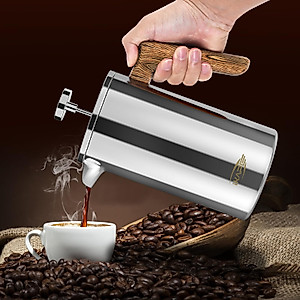 IKAPE French Press Coffee Maker, 34 OZ 304 Stainless Steel Espresso Coffee & Tea Maker with 4 Level Filtration System(Silver)