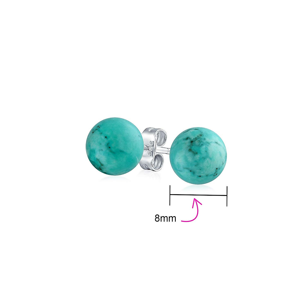 Minimalist Simple Plain Gemstone Blue Stabilized Turquoise Round Ball Stud Earrings For Women .925 Sterling Silver 8 MM