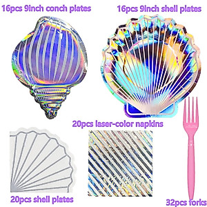 104 Pieces Mermaid Party Tableware Supplies Kit,32 Mermaid Clam Shell Plates,40 Holographic Napkins,32 Pink Forks,Disposable Mermaid Paper Plates Napkins Forks for Birthday Wedding Party (104)