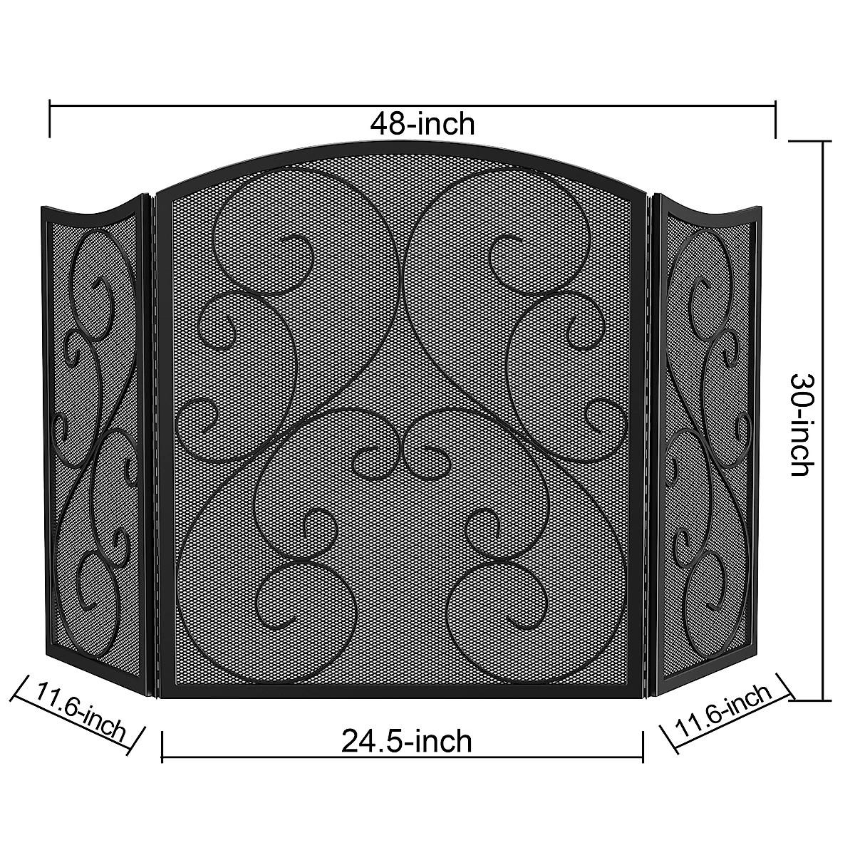 Fire Beauty Fireplace Screen 3 Panel Wrought Iron Metal 48"(L) x30(H) Spark Guard Cover(Sanded Black)