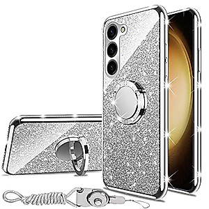 Phone Case for Galaxy S23 Plus (6.6-inch), for Samsung Galaxy S23 Plus 5G Case with Ring Kickstand Lanyard Bumper Shockproof Protection Case Cute Soft TPU Glitter Cover for Girls Women Men - Silver