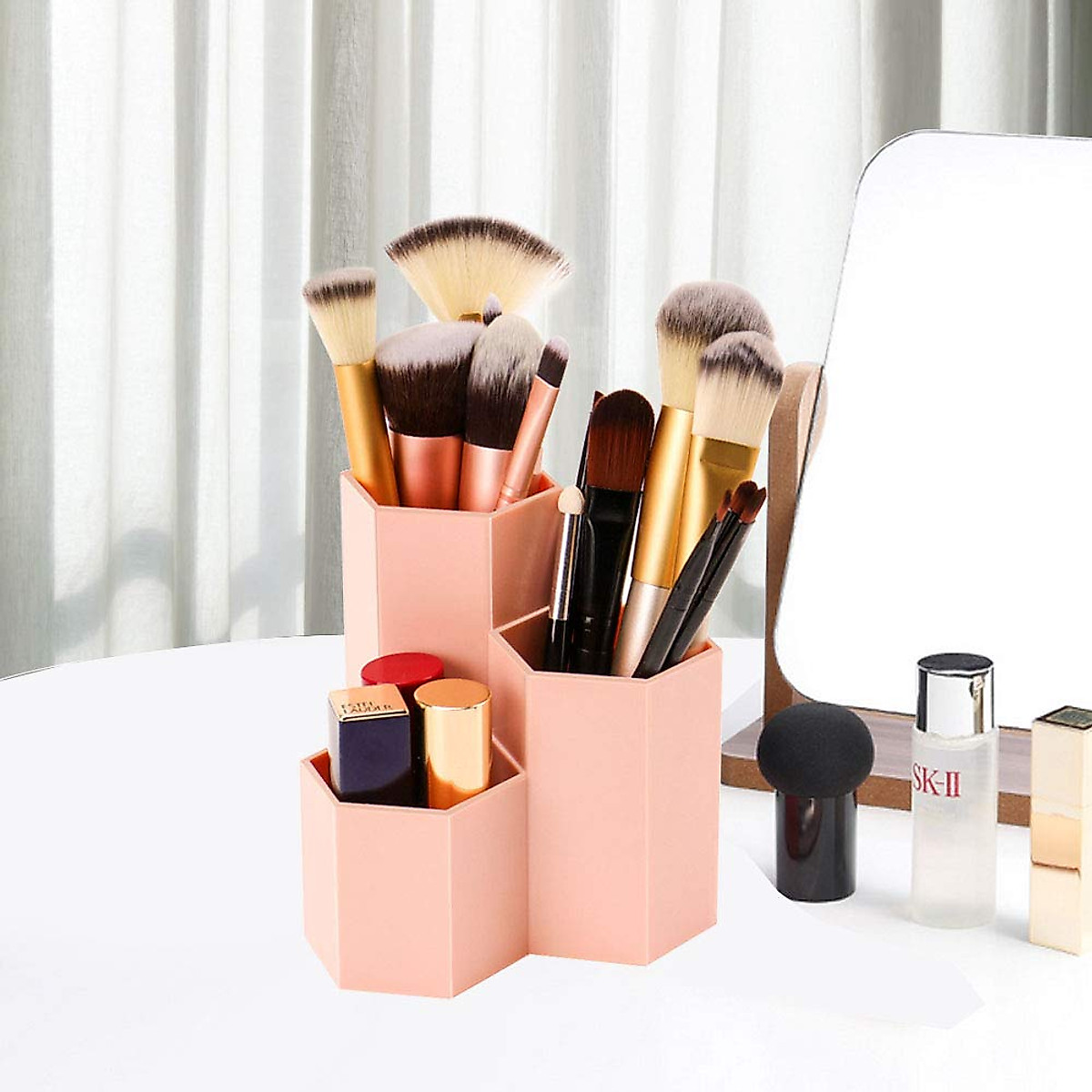 Weiai Makeup Brush Holder Organizer, 3 Slots Pink Cosmetic Brushes Storage Solution