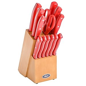 Oster Scottsdale Stainless Steel Kitchen Knife Cutlery Block Set (14-Piece), Red