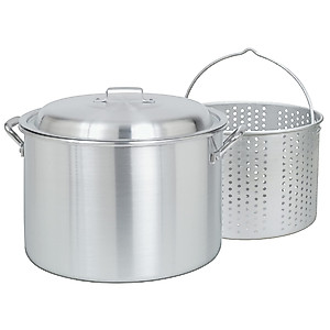 Bayou Classic 4020 20-qt Aluminum Stockpot w/ Basket Features Domed Vented Lid Heavy Riveted Handles Perforated Aluminum Basket Perfect For Boiling and Canning Handcrafted Design