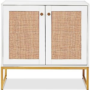 Best Choice Products 2-Door Rattan Storage Cabinet, Accent Furniture, Multifunctional Cupboard for Living Room, Hallway, Kitchen, Sideboard, Buffet Table w/Non-Scratch Foot Pads - White