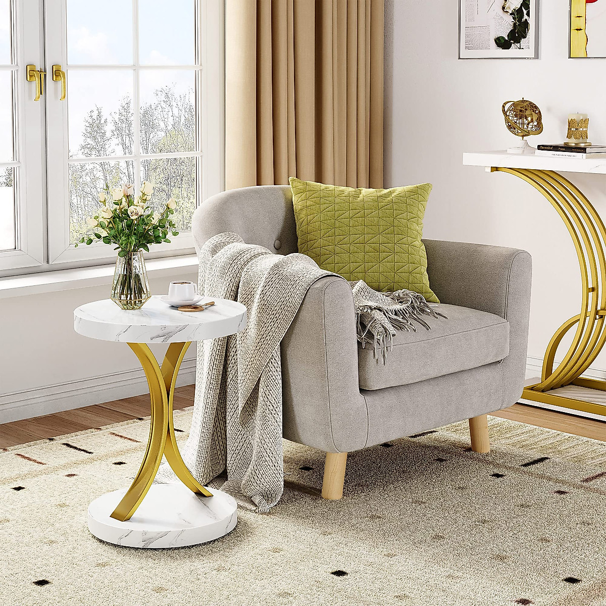 YITAHOME Round End Tables, Modern Gold Round Side Table with Faux Marble Top and Gold Metal Frame, Small End Table Accent Table Nightstand for Living Room Bedroom, Faux Marble White