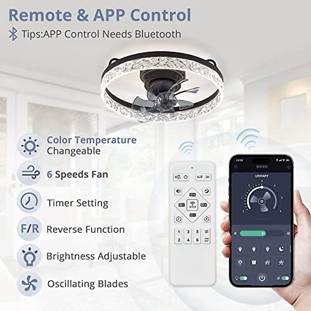 LEDIARY 20 Inch Modern Ceiling Fans with Lights and Remote, Oscillating Low Profile Ceiling Fan, Flush Mount Bladeless LED Ceiling Fan, Dimmable, Stepless Color Changeable, 6 Wind Speeds - Black