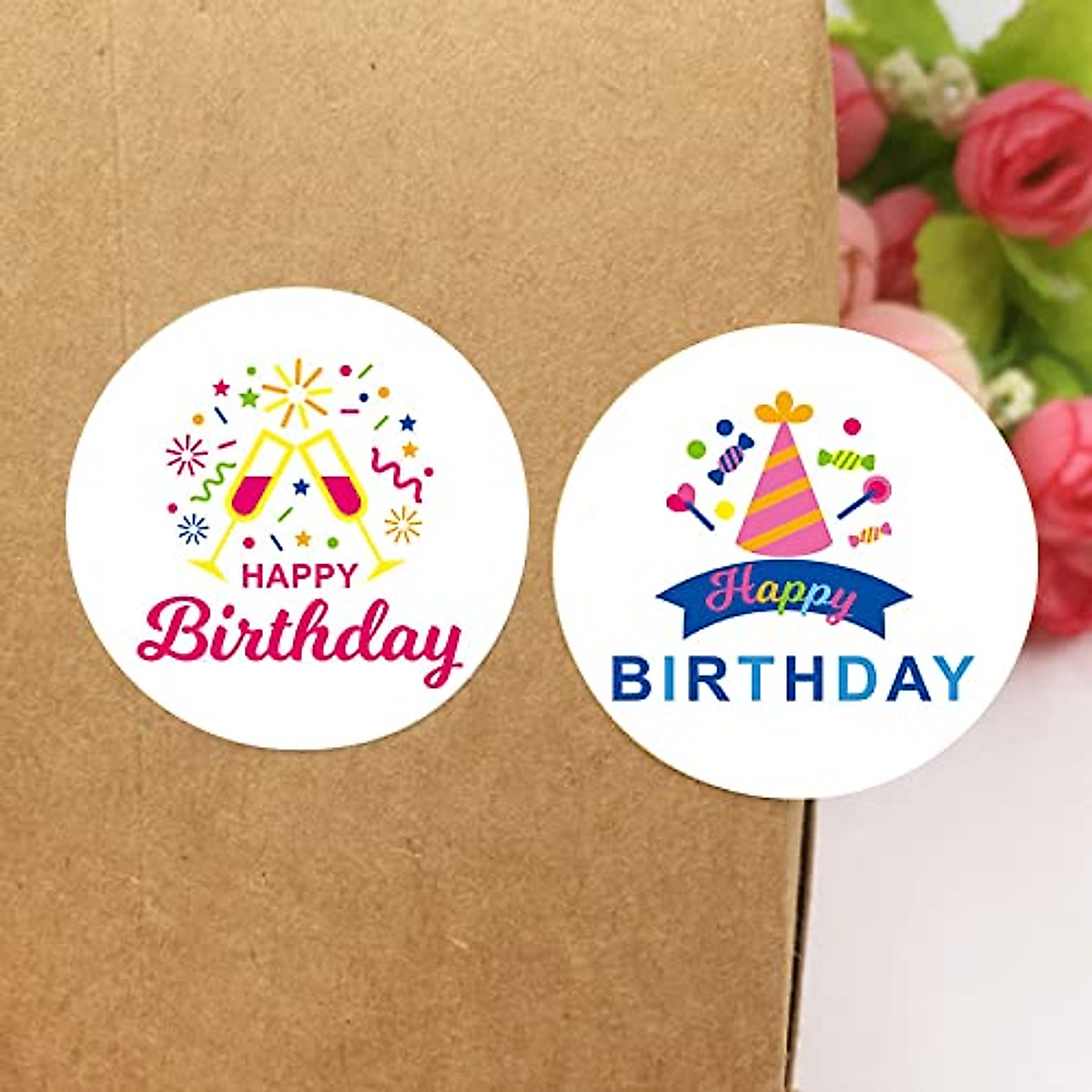 500 Pieces/Roll Happy Birthday Stickers Round Adhesive Birthday Tag Label Stickers Invitations Envelope Sealing Stickers Personalized Happy Birthday Stickers for Balloons Cards envelopes Adults Kids