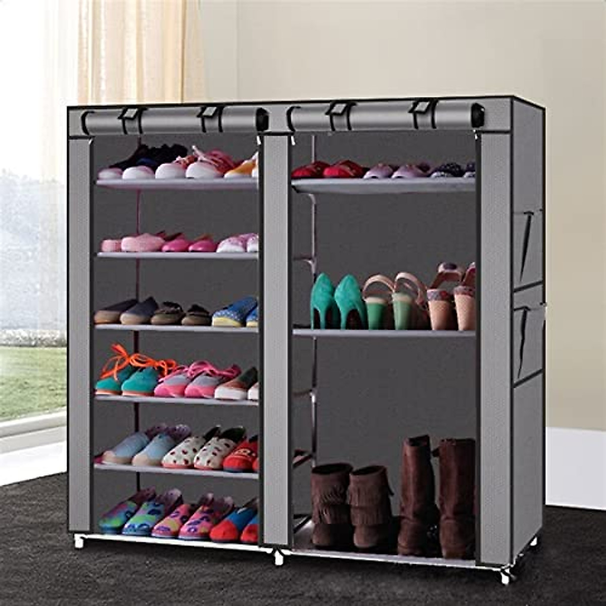 Double Rows 9 Lattices Standing Shoe Racks,27-Pairs Portable Boot Rack,Shoe Storage Organizer Cabinet with Nonwoven Fabric Dustproof Cover,Space Saving Portable Closet Shoe Cabinet (Color : Gray)