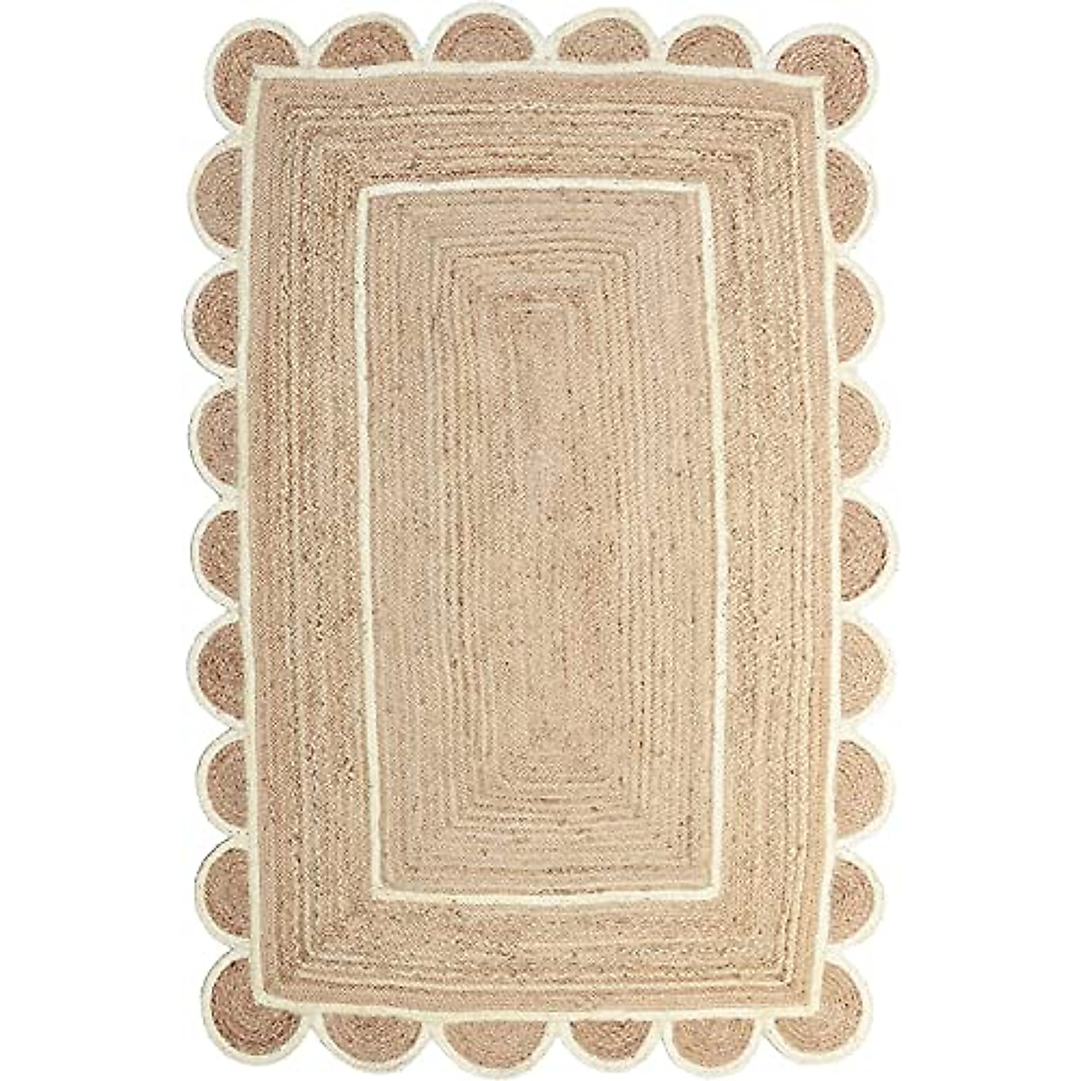 KLAVATE Scalloped Multi Border Decor Braided Jute Collection Classic Quality Made Natural Hand Woven Area Rug (4x6, White)