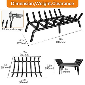 SUZLON Fireplace Grate 27 inch 7 Bar Fireplace Log Grate Heavy Duty Solid Steel Indoor Chimney Hearth with 6 Enhanced Stability Legs Kindling Tools Pit Wood Stove Firewood Burning Rack Holder