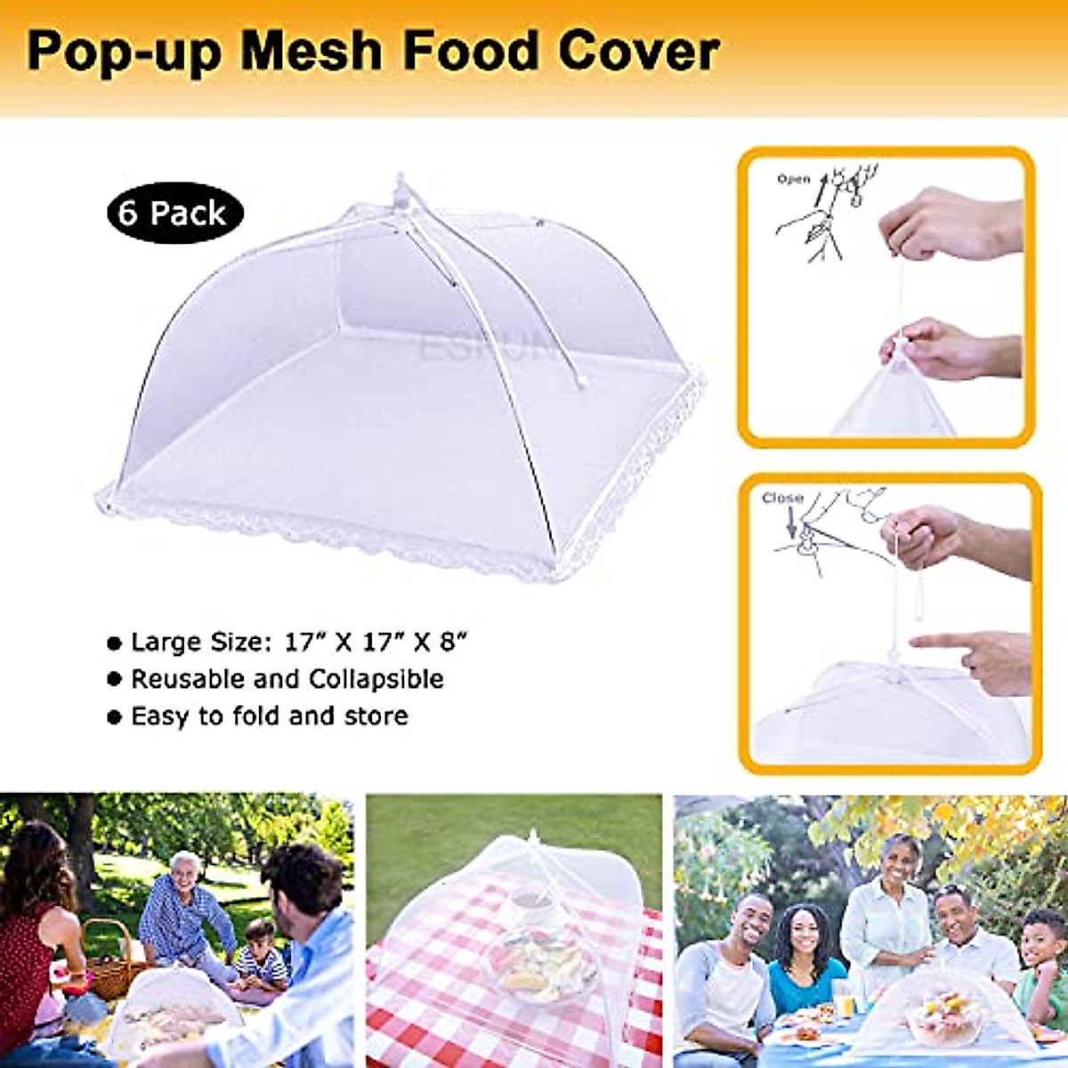 (6 Pack) ESFUN Food Net Covers for Outside, 17"x 17" Large Outdoor Food Cover Mesh Screen Tents Umbrella Fly Food Covers for Picnics, Parties, BBQ, Camping, Reusable and Collapsible