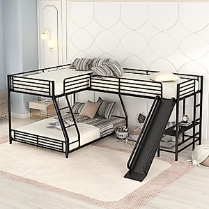 L Shaped Bunk Bed with Slide, Twin Over Full Bunk Bed & Twin Size Loft Bed with Built-in Desk, Corner Beds, Metal Triple Bed for Kids Teens Boys Girls,No Box Spring Needed(Black)