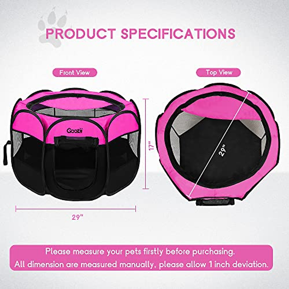 GOOZII Pet Cat Playpen for Indoor Cats Enclosed, Portable Foldable Dog Playpen Outdoor Tent Crate Cage with Zipper Top Cover Door for Kitten Puppy Outside Rv Car Camper (Small Size, Pink)
