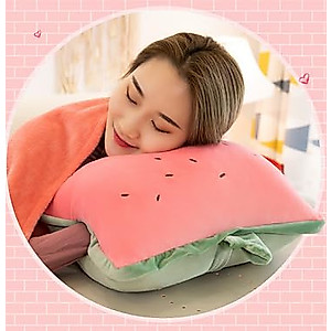 Rikyo 15" Stuffed Fruit Travel Blanket and Pillow Set,3 in 1 Plush Stuffed Hugging Pillow with Warming Hands Pillow Blanket for Kids Gift Travel Airplane Train Bed Office Nap (Pink - Strawberry)