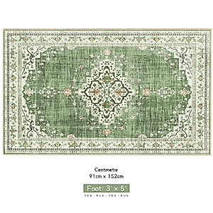 YesRug Green Small Rug 3x5, Boho Vintage Rug for Bathroom Living Room Bedroom Kitchen Office Rug, Non Slip Washable Soft Low Pile Area Rug Distressed Floor Carpet