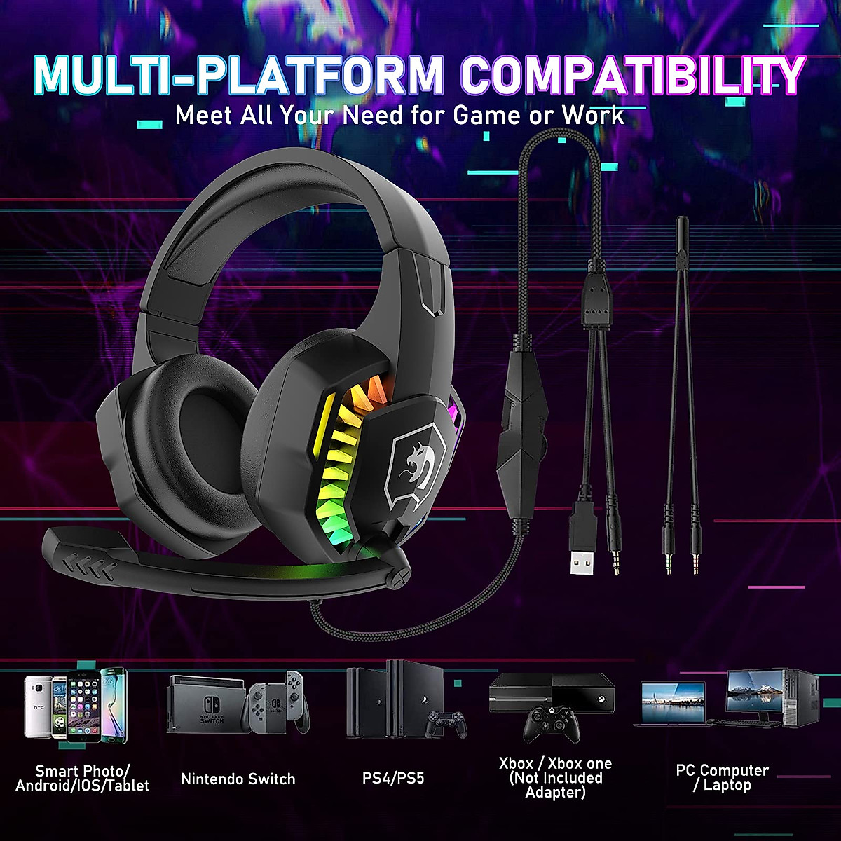 Mechanical Gaming Keyboard and Mouse Mini Wired Combo with RGB Headset Rainbow Backlight Ergonomic 62Key Anti-Ghosting Adjustable Mic 6400DPI Mice USB-C for PC Gamer Computer Typist(Black/Red Switch)